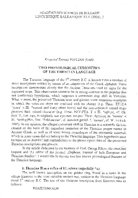 (PDF) Two Phonological Curiosities of the Thracian Language