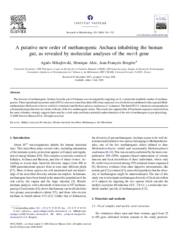 (PDF) A putative new order of methanogenic Archaea inhabiting the human gut, as revealed by ...