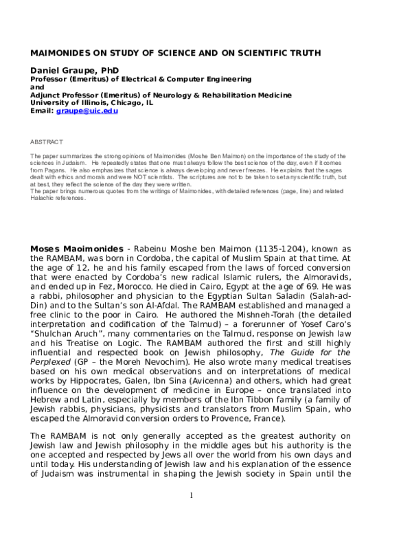 (DOC) MAIMONIDES ON SCIENTIFIC TRUTH AND ON STUDYING THE SCIENCES
