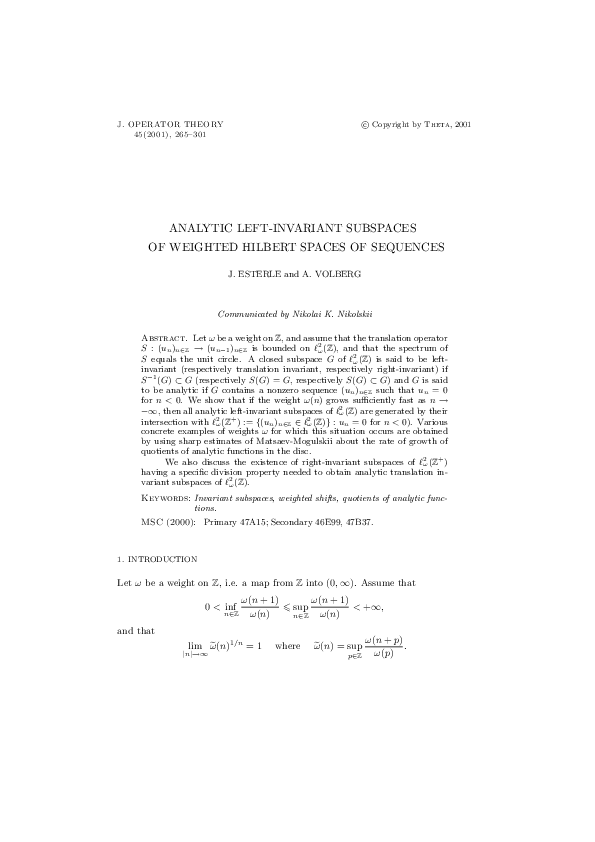(PDF) ANALYTIC LEFT-INVARIANT SUBSPACES OF WEIGHTED HILBERT SPACES OF ... (PDF) ANALYTIC LEFT-INVARIANT SUBSPACES OF WEIGHTED HILBERT SPACES OF ...