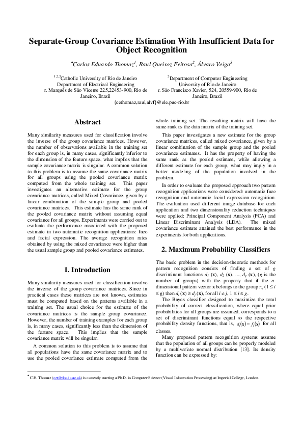 (PDF) Separate-Group Covariance Estimation With Insufficient Data for Object Recognition ...