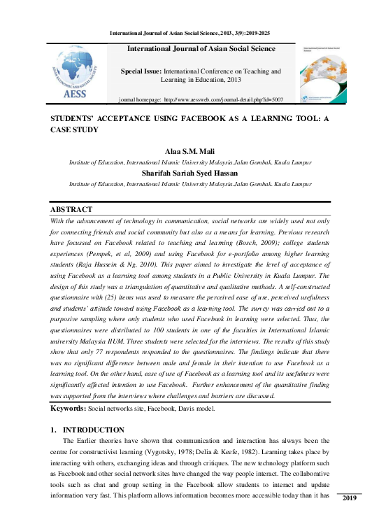 STUDENTS' ACCEPTANCE USING FACEBOOK AS A LEARNING TOOL: A CASE STUDY