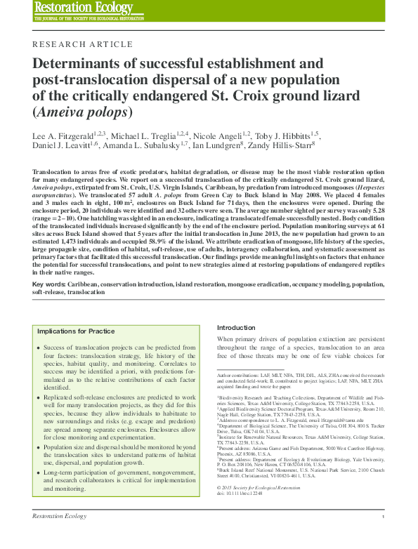 (PDF) Determinants of successful establishment and post-translocation ...