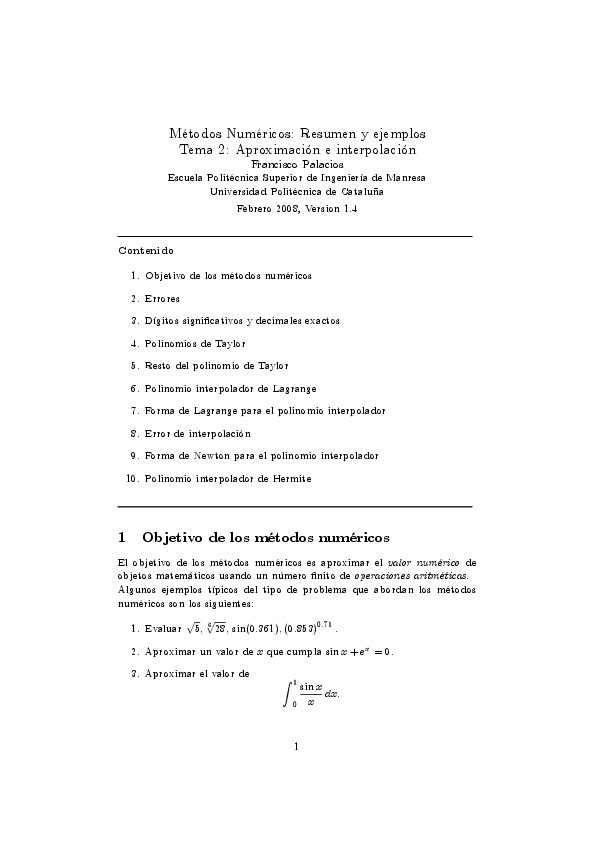 (PDF) Métodos Numéricos: Resumen y ejemplos Tema 2: Aproximación e interpolación