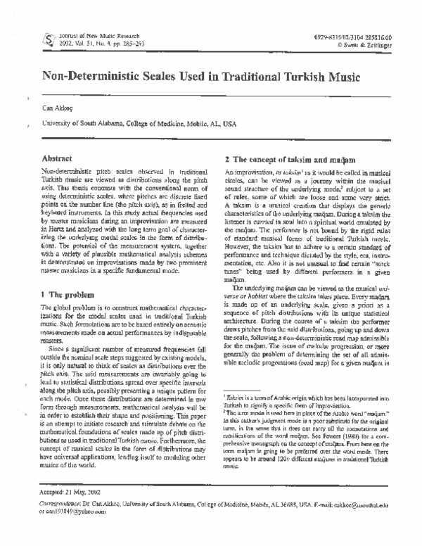 (PDF) Non-Deterministic Scales Used in Traditional Turkish Music