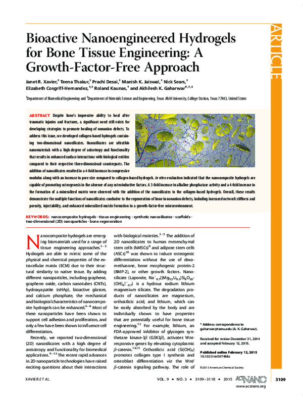 (PDF) Bioactive Nanoengineered Hydrogels for Bone Tissue Engineering: A Growth-Factor-Free Approach