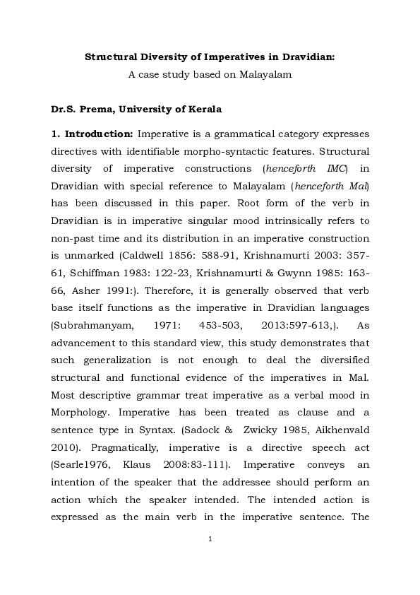 (PDF) Structural Diversity of Imperatives in Dravidian: A case study ...