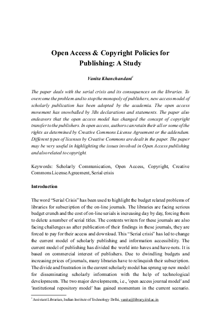 (PDF) Open Access & Copyright Policies for Publishing: A Study