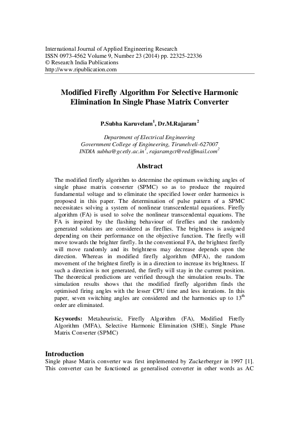 (PDF) Modified Firefly Algorithm For Selective Harmonic Elimination In Single Phase Matrix Converter