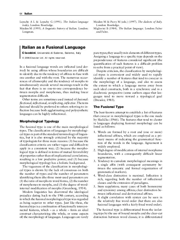 (PDF) Iacobini Claudio 2006, “Italian as fusional language” in ...