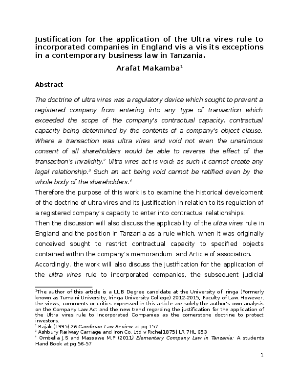 (DOC) doctrine of ultra vires its applicability and exceptions in a ...