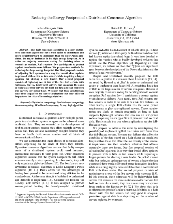 Pdf Reducing The Energy Footprint Of A Distributed Consensus Algorithm