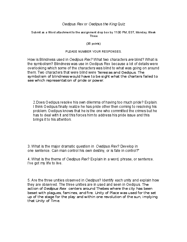 (DOC) Oedipus Rex or Oedipus the King Quiz
