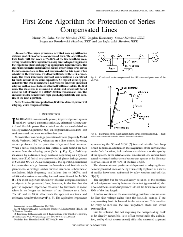 (PDF) First Zone Algorithm for Protection of Series Compensated Lines