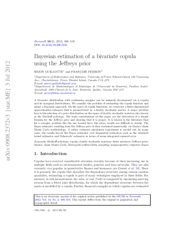 (PDF) Nonparametric Bayesian Estimation of a Bivariate Copula Using the Jeffreys Prior ...
