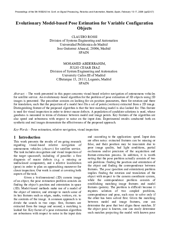 Pdf Evolutionary Model Based Pose Estimation For Variable Configuration Objects Julio Diaz