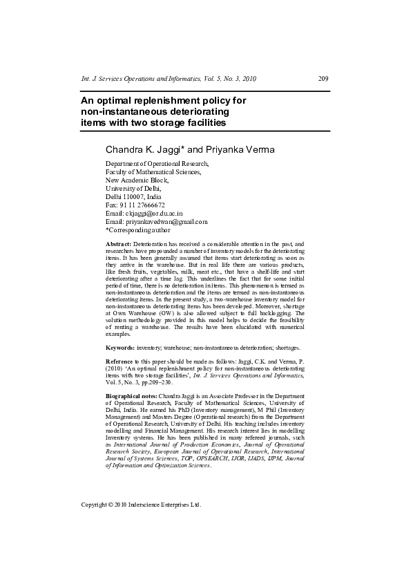 Pdf An Optimal Replenishment Policy For Non Instantaneous Deteriorating Items With Two Storage