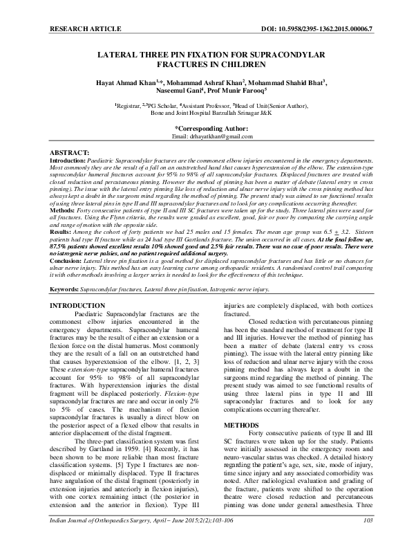 (PDF) LATERAL THREE PIN FIXATION FOR SUPRACONDYLAR FRACTURES IN CHILDREN