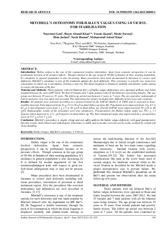 (PDF) MITCHELL’S OSTEOTOMY FOR HALLUX VALGUS USING 1-0 VICRYL FOR ...