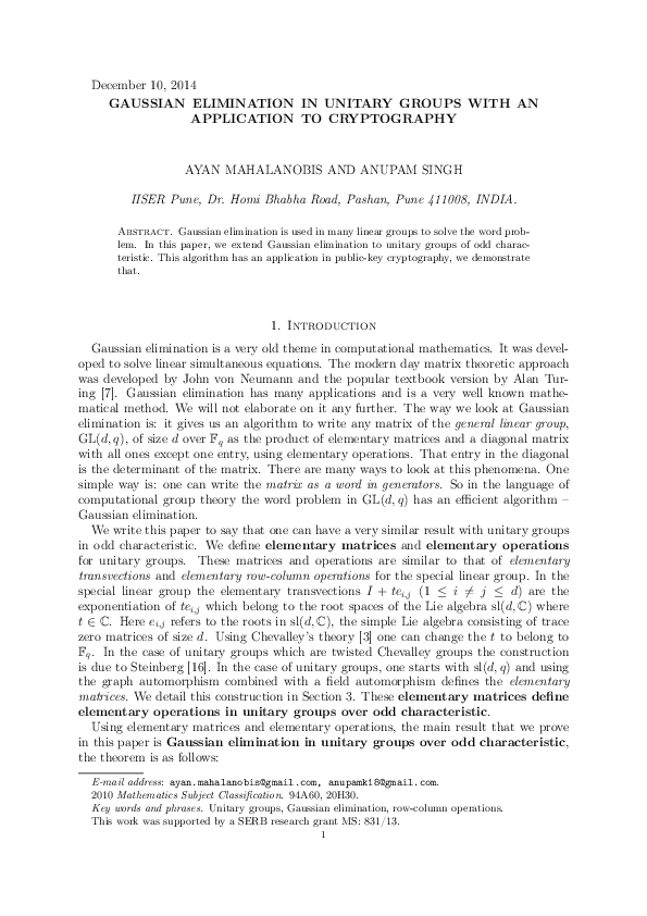 (PDF) GAUSSIAN ELIMINATION IN UNITARY GROUPS WITH AN APPLICATION TO CRYPTOGRAPHY