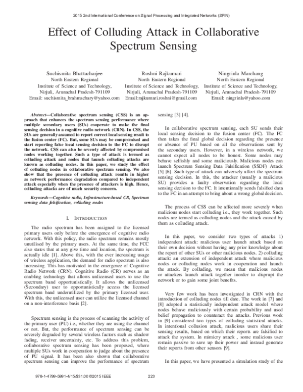 (PDF) Effect of Colluding Attack in Collaborative Spectrum Sensing