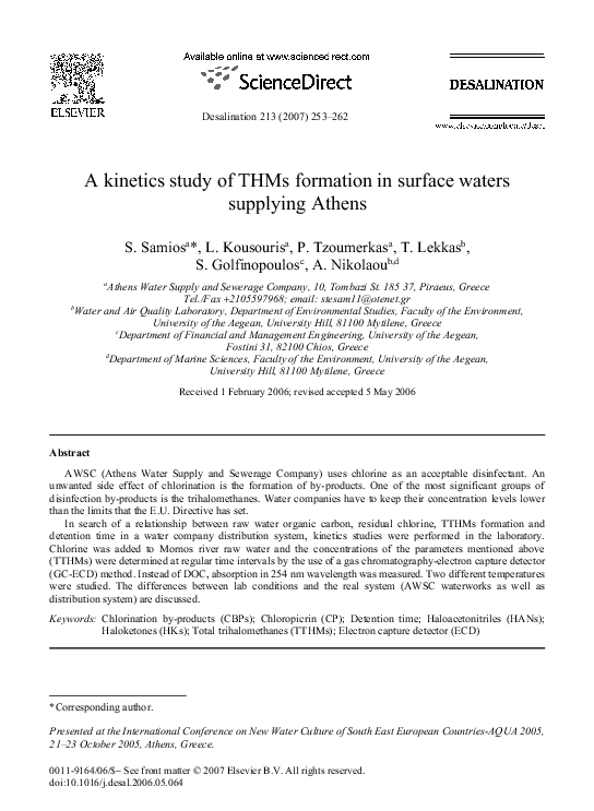 (PDF) A kinetics study of THMs formation in surface waters supplying Athens