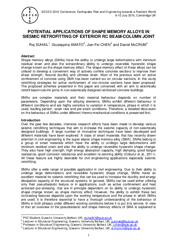 Pdf Potential Applications Of Shape Memory Alloys In Seismic Retrofitting Of An Exterior Rc