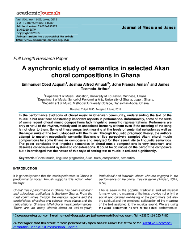 A Synchronic Study of Semantics in Selected Akan Choral Compositions in ...