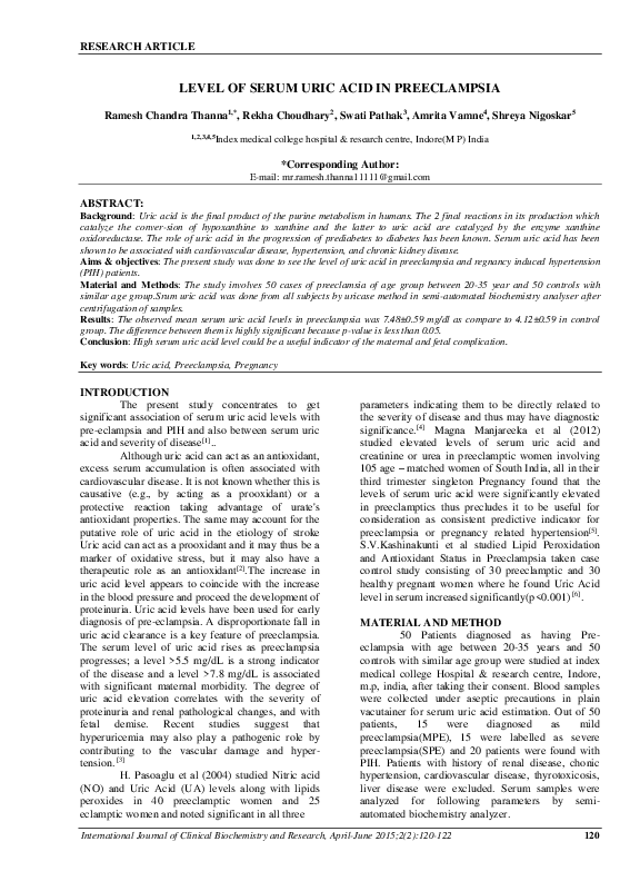 (PDF) LEVEL OF SERUM URIC ACID IN PREECLAMPSIA