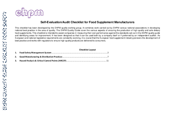 (PDF) Self-Evaluation/Audit Checklist for Food Supplement Manufacturers