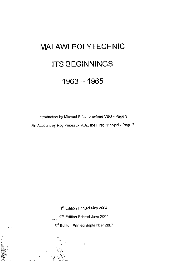(PDF) Malawi Polytechnic: Its beginnings (1963-1965) by Roy Prideaux