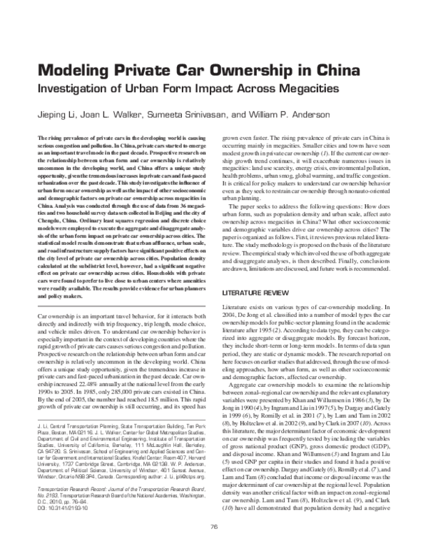 (PDF) Modeling Private Car Ownership in China