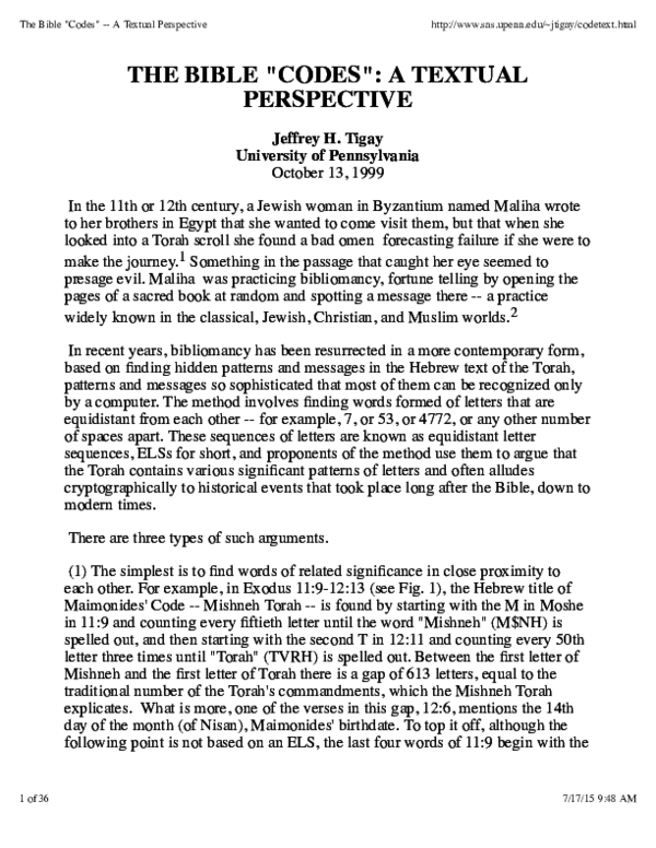 (PDF) "The Bible 'Codes': A Textual Perspective" (1999)