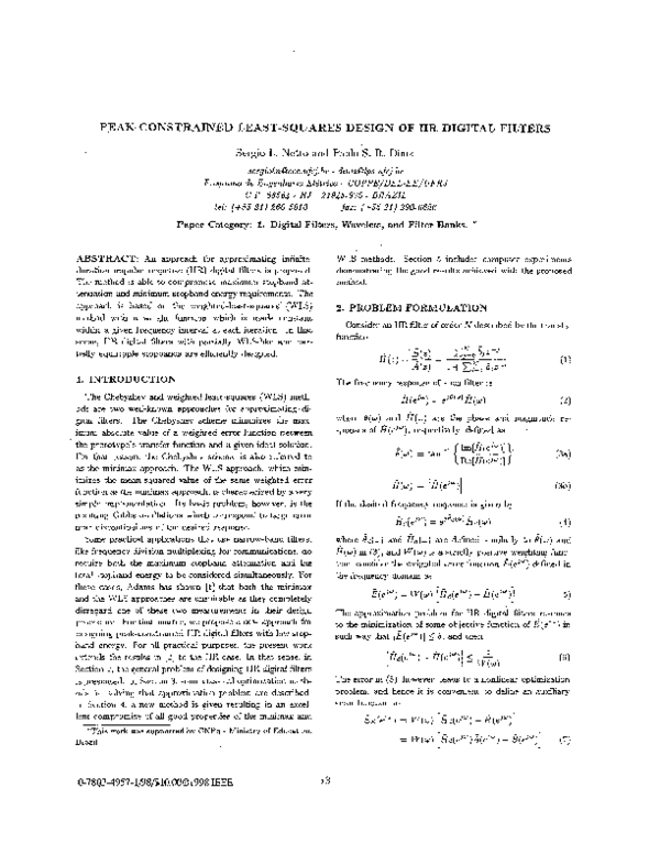 (PDF) Peak-constrained least-squares design of IIR digital filters