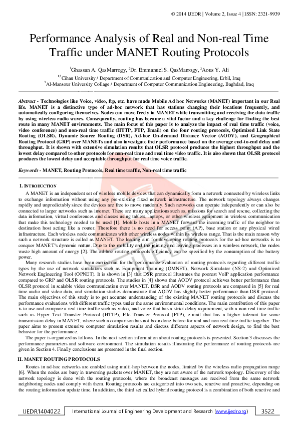 (PDF) Performance Analysis of Real and Non-real Time Traffic under MANET Routing Protocols