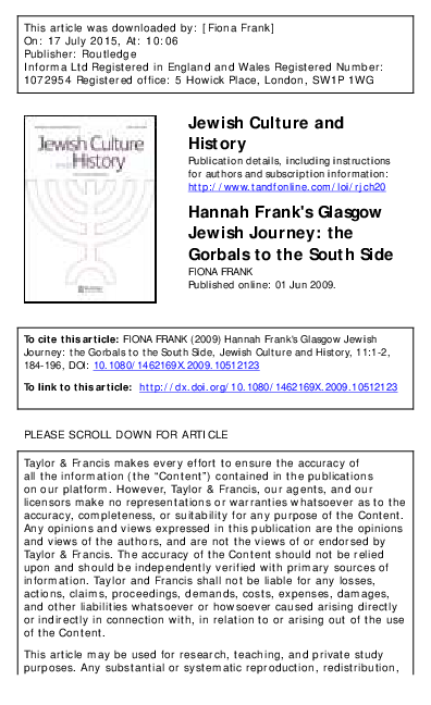 (PDF) Hannah Frank's Glasgow Jewish Journey: the Gorbals to the South Side