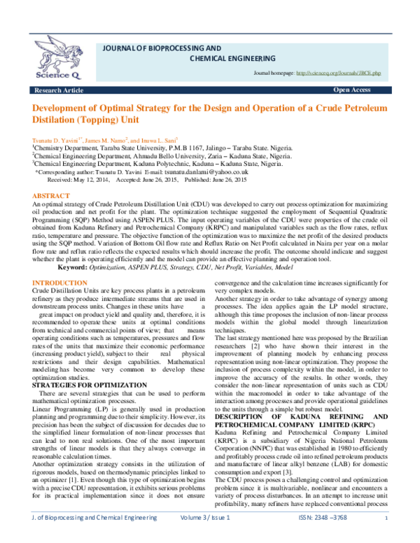 (PDF) Development of Optimal Strategy for the Design and Operation of a ...