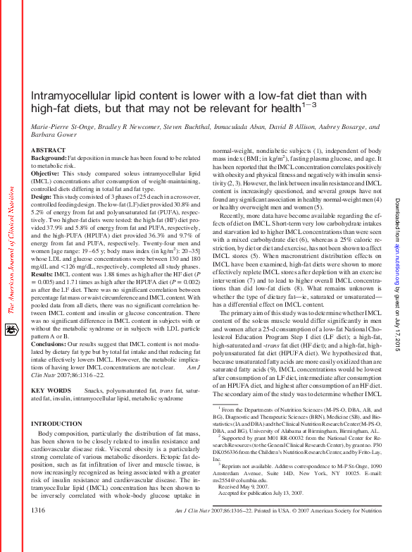 (PDF) Intramyocellular lipid content is lower with a low-fat diet than ...