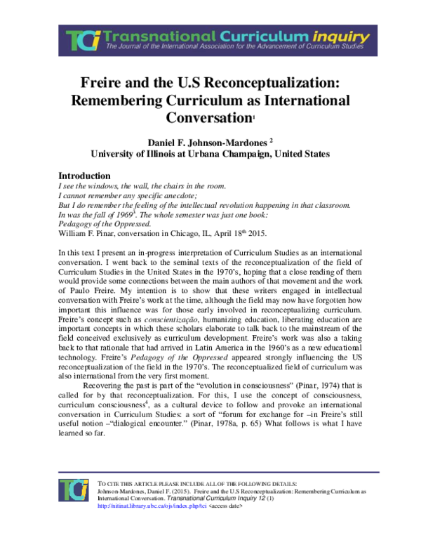 (PDF) Freire and the U.S Reconceptualization: Remembering Curriculum as ...