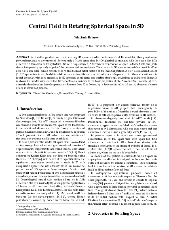 (PDF) Central Field in Rotating Spherical Space in 5D