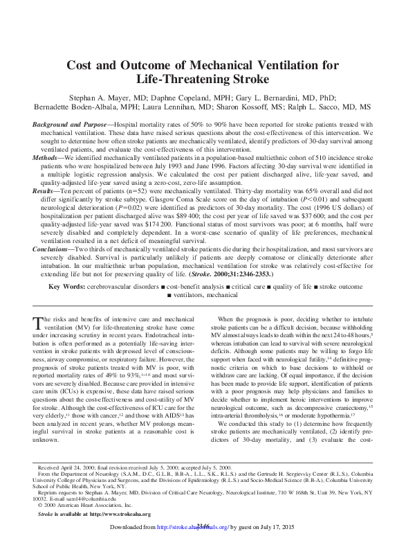 (PDF) Cost and Outcome of Mechanical Ventilation for Life-Threatening ...