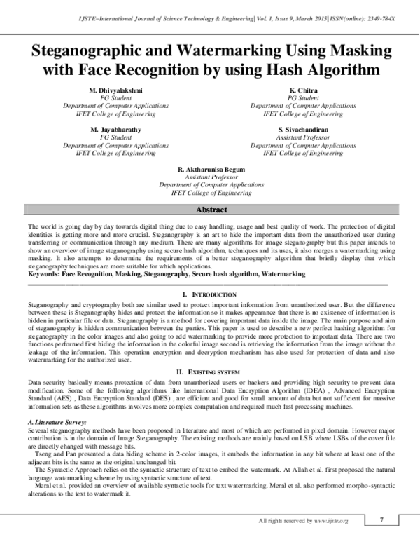 (PDF) SteGANOGRAPHIC and Watermarking Using Masking with Face Recognition by Using Hash Algorithm