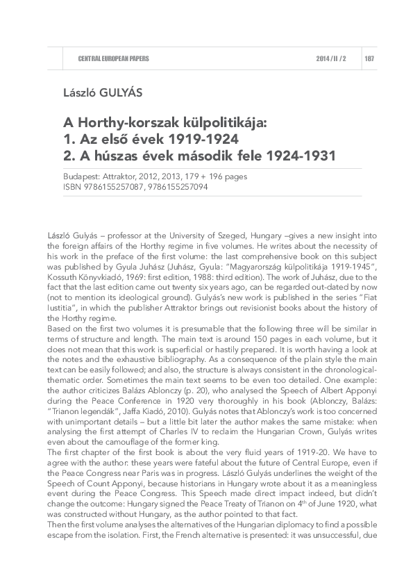 (PDF) Book Review: A Horthy-korszak külpolitikája: 1. Az első évek 1919-1924, 2. A húszas évek ...