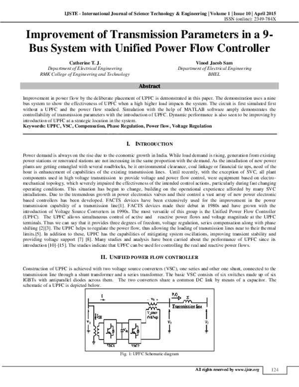 (PDF) Improvement of Transmission Parameters in a 9-Bus System with Unified Power Flow Controller