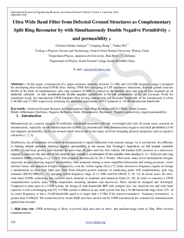 Pdf Ultra Wide Band Filter From Defected Ground Structures As Complementary Split Ring