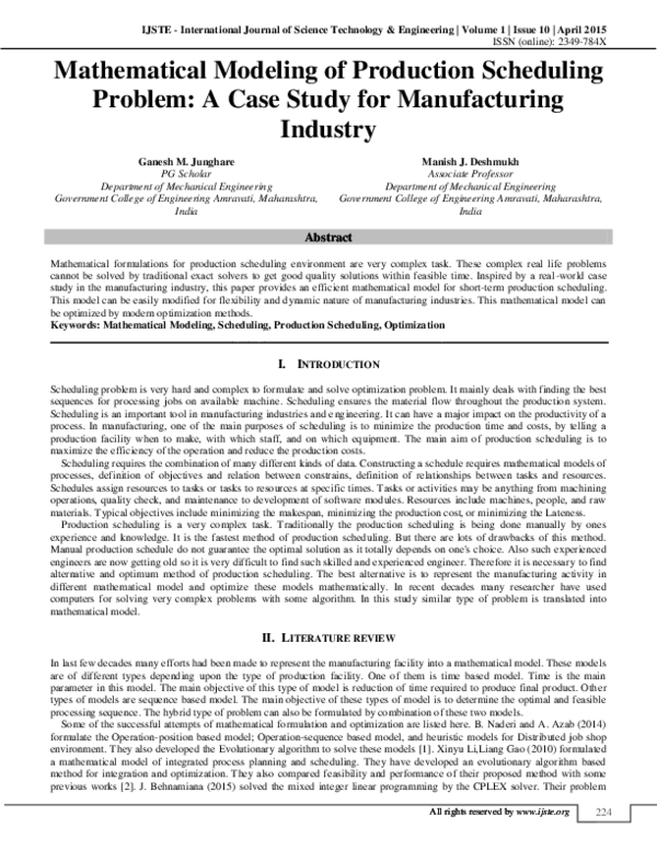 Pdf Mathematical Modeling Of Production Scheduling Problem A Case