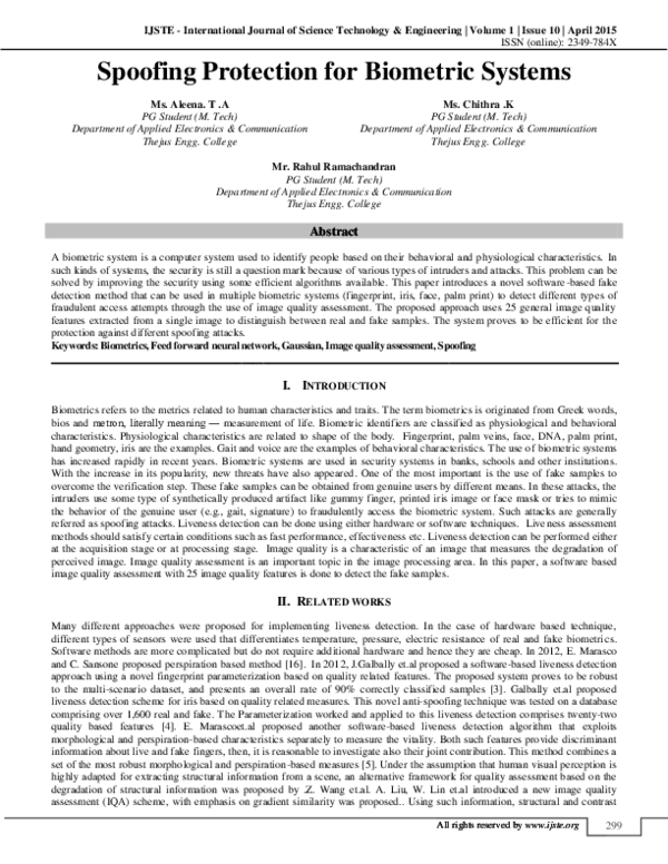 (PDF) Spoofing Protection for Biometric Systems