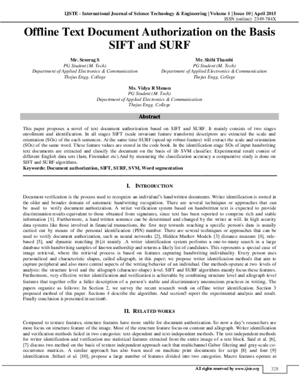 (PDF) Offline text document authorization on the basis SIFT and SURF