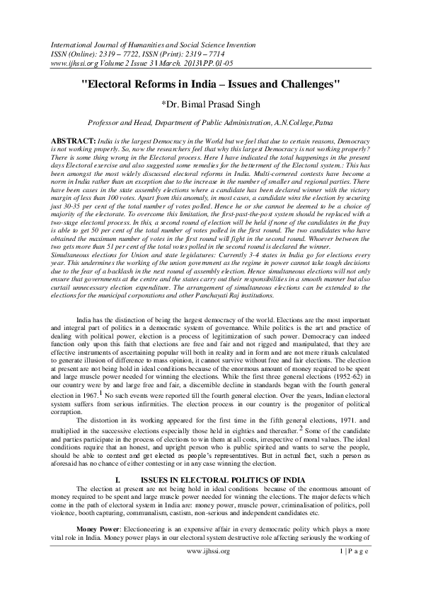 (PDF) "Electoral Reforms in India – Issues and Challenges"