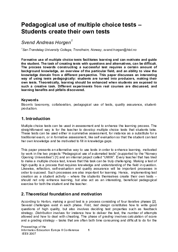 (PDF) Pedagogical use of multiple choice tests ‐ Students create their ...